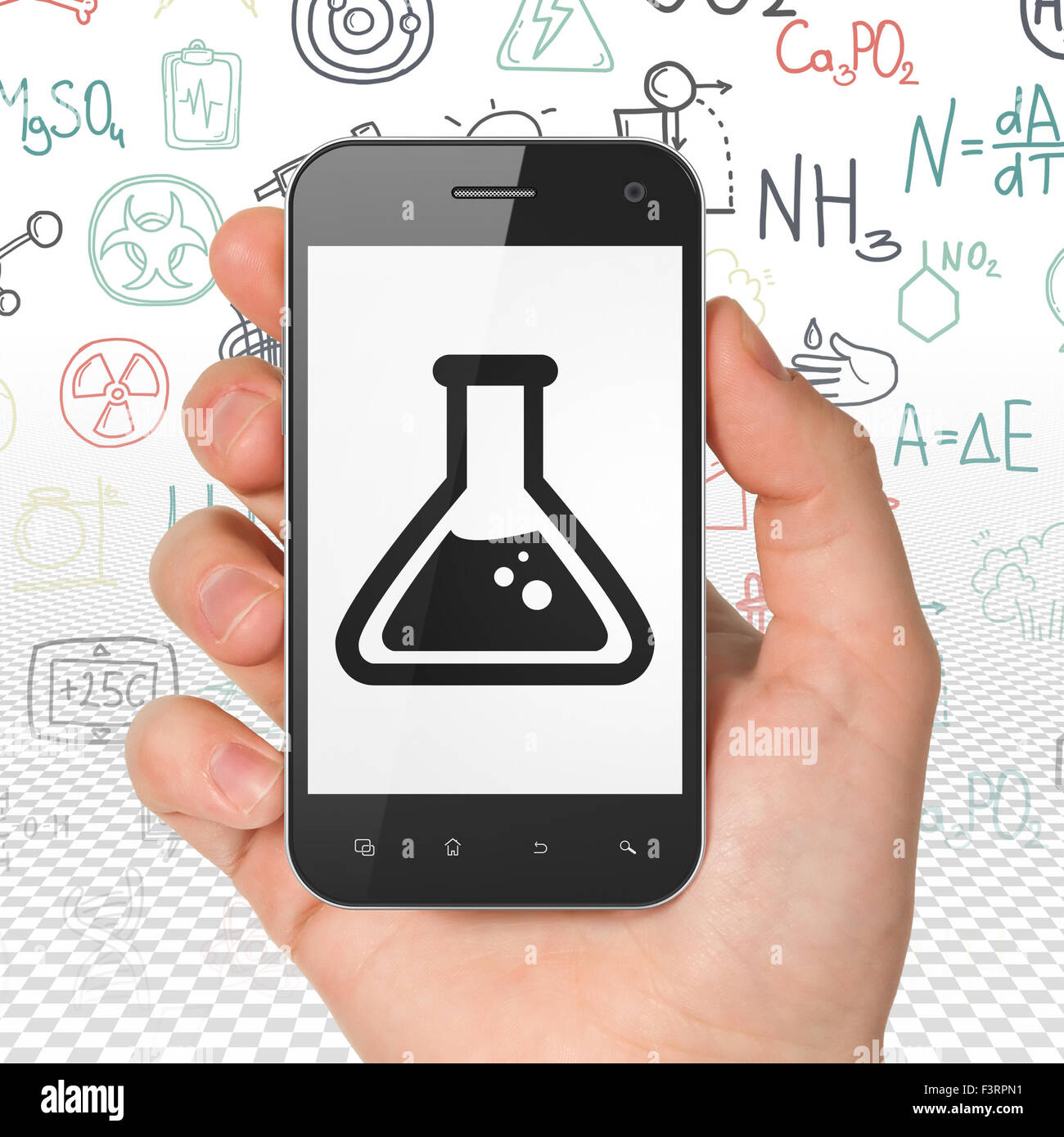 Science concept: Hand Holding Smartphone with Flask on display Stock ...