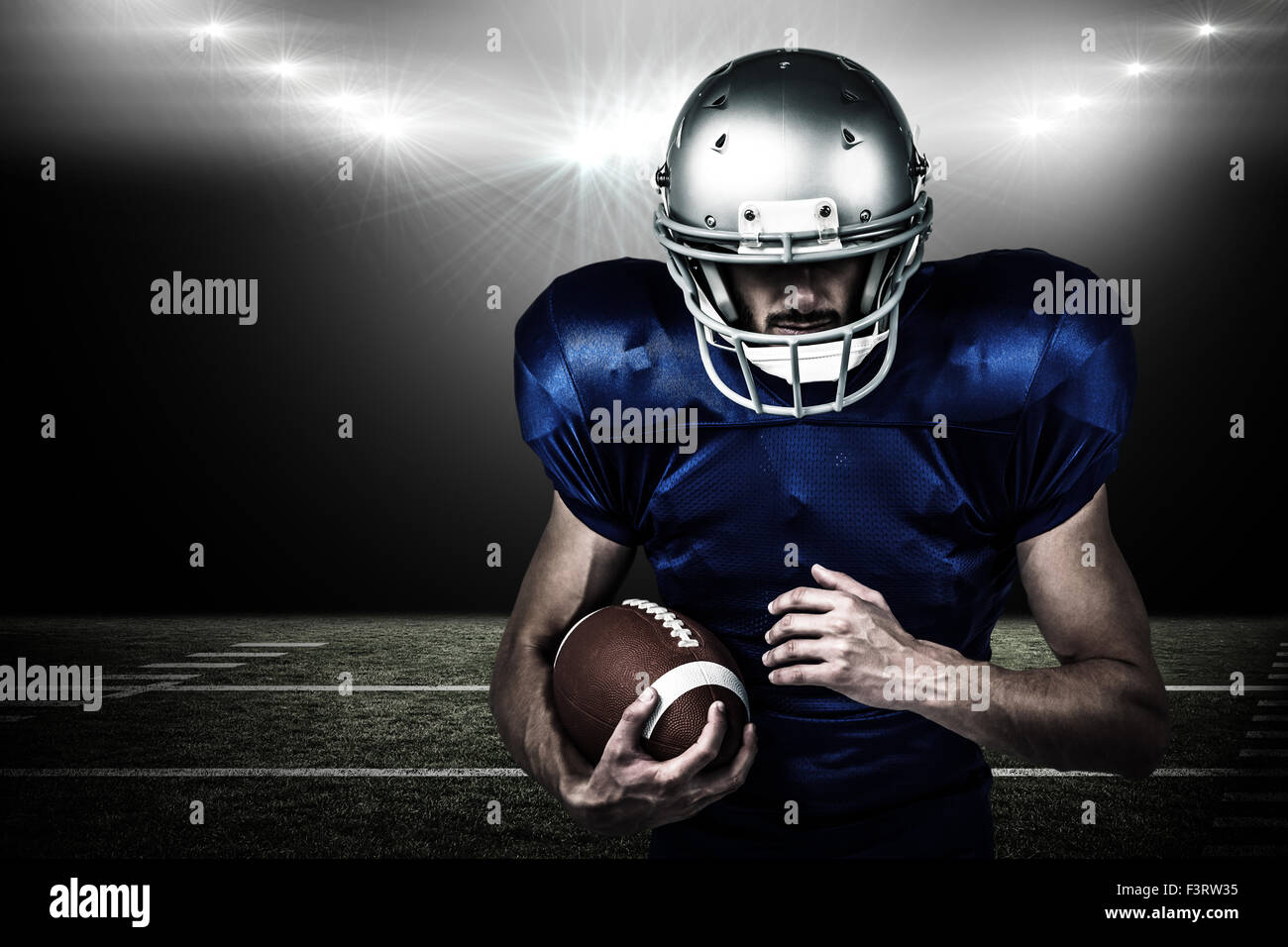 Composite image of sports player wearing helmet while holding ball ...