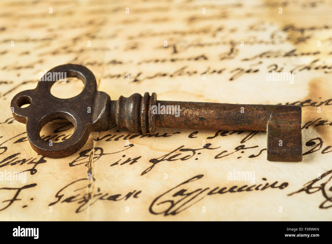 Old key on letter background Stock Photo - Alamy