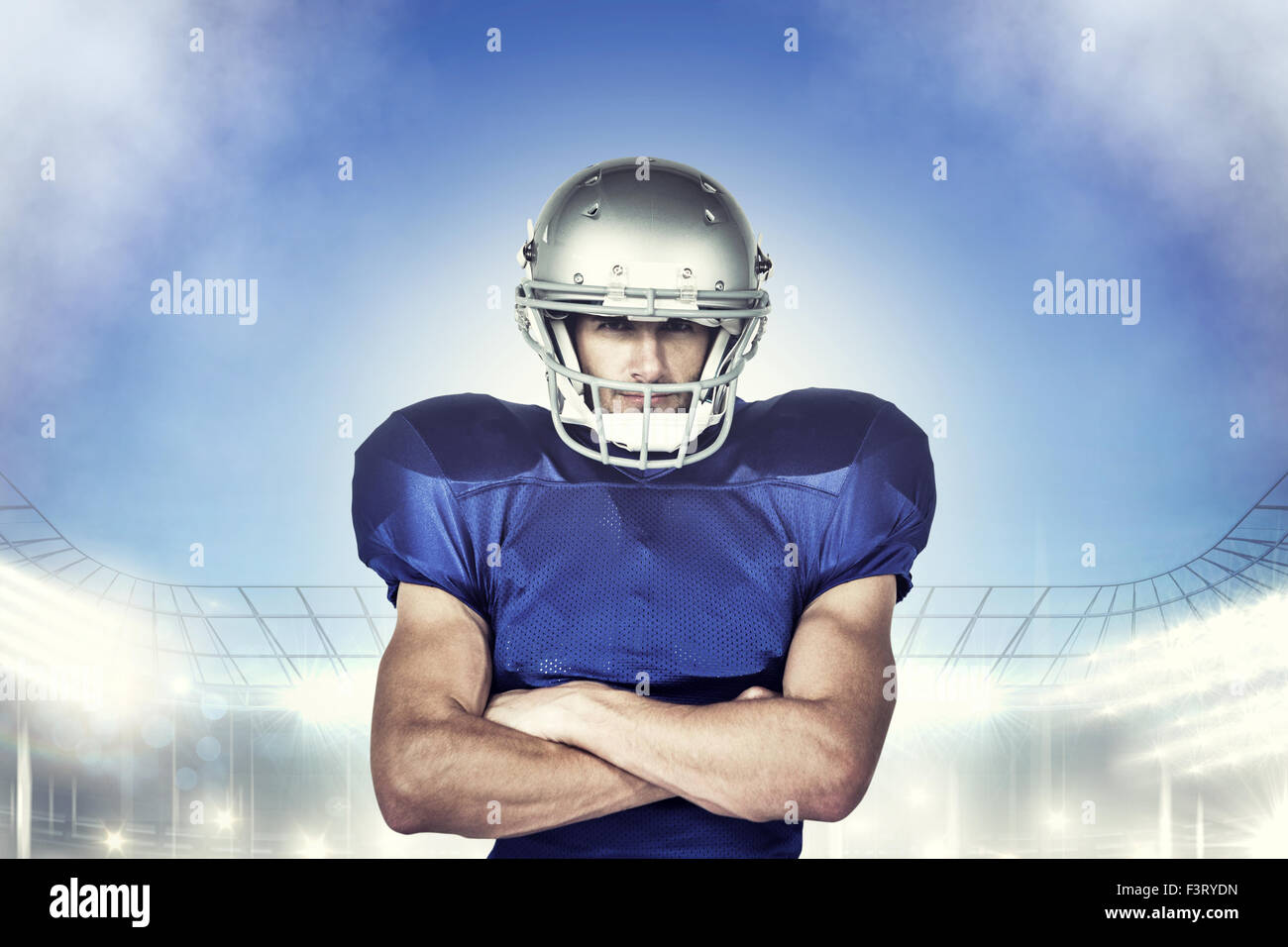 Composite image of portrait confident of american football player with ...