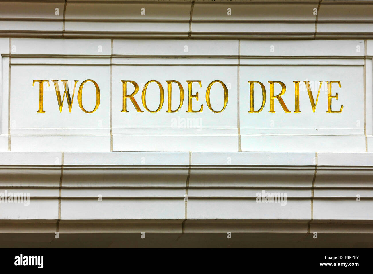 Two Rodeo Drive wall sign in gold leaf seen in Beverly Hills California ...