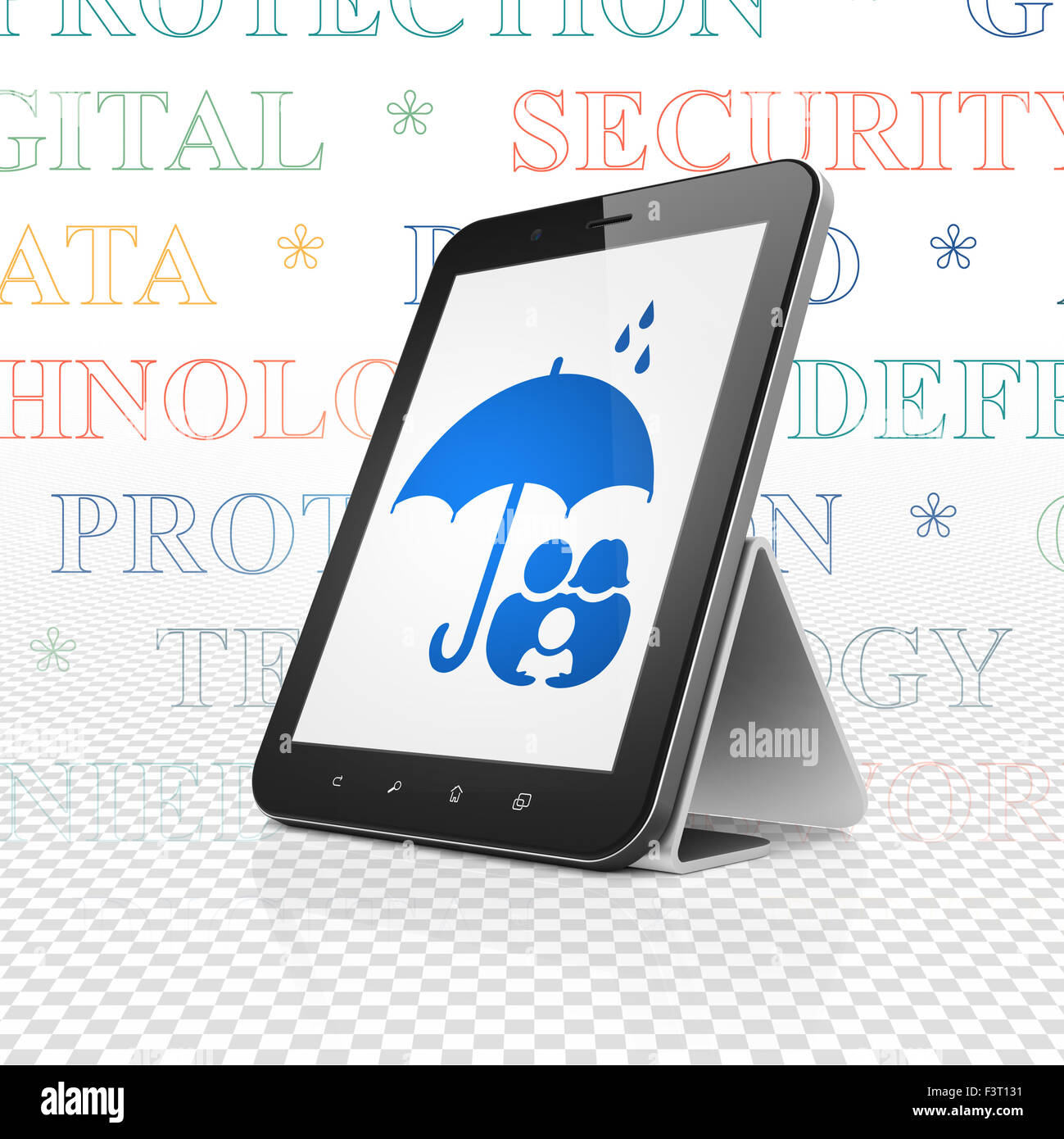 Safety concept: Tablet Computer with Family And Umbrella on display ...