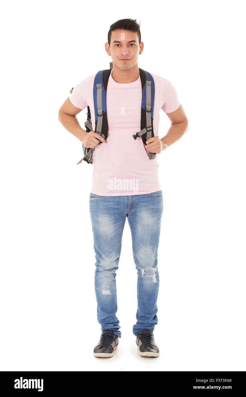 student wearing a backpack on white background Stock Photo - Alamy