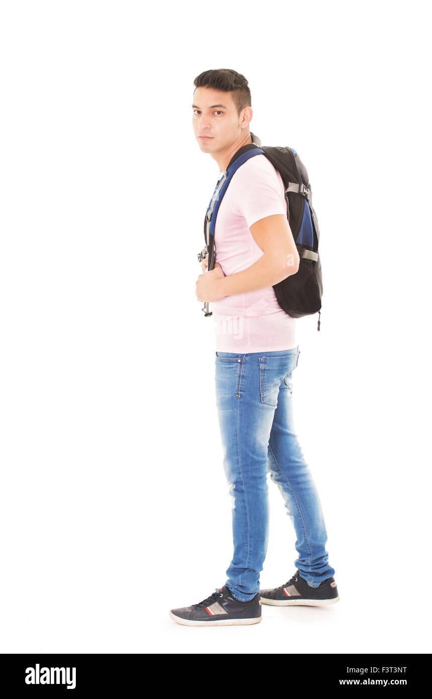 student wearing a backpack on white background Stock Photo - Alamy
