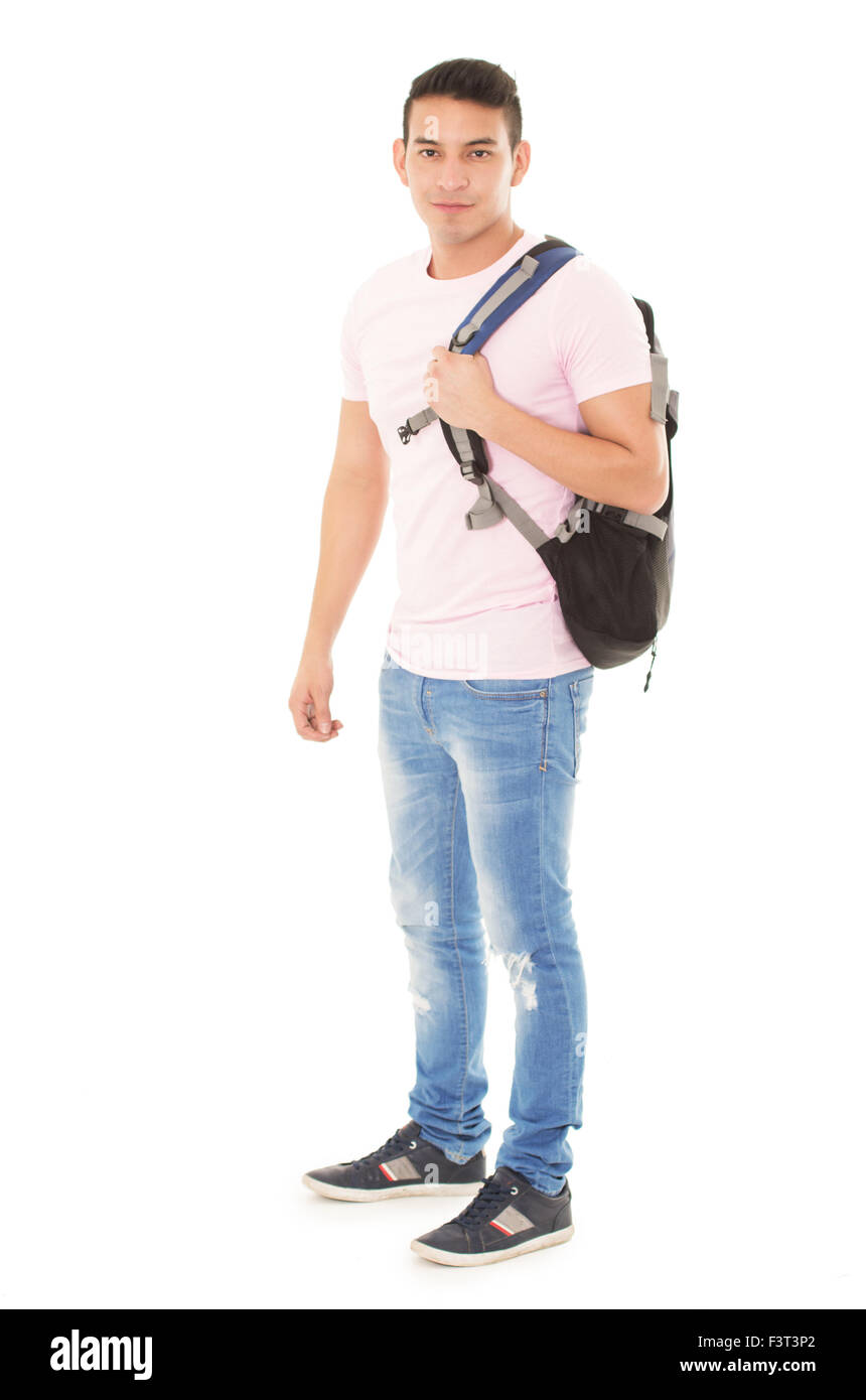 student wearing a backpack on white background Stock Photo - Alamy