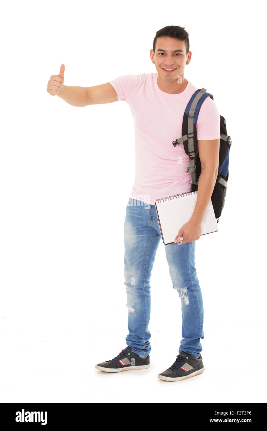 student wearing a backpack on white background Stock Photo - Alamy