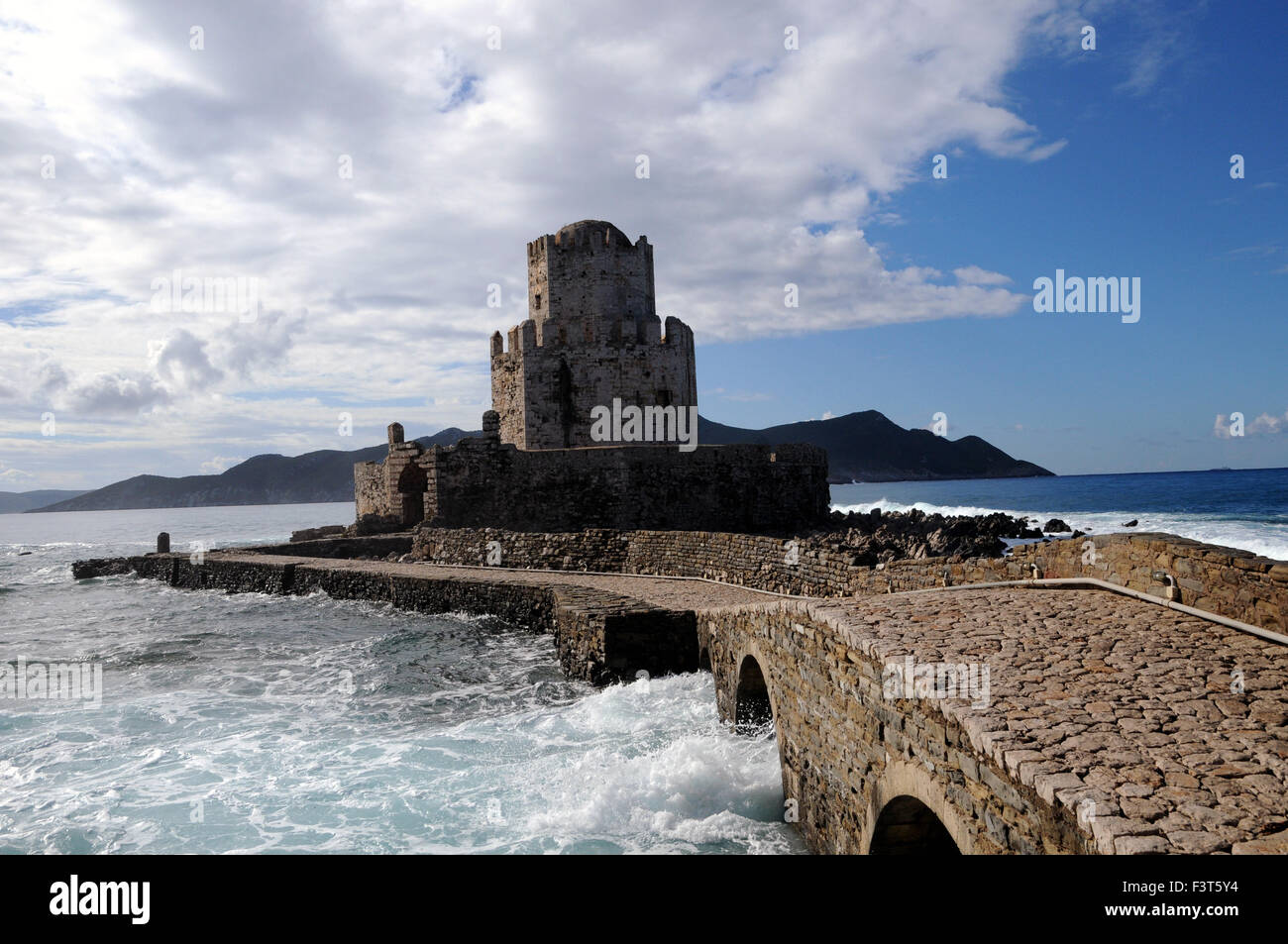 Causeway to the sea tower at Methoni castle in the Greek Peloponnese ...