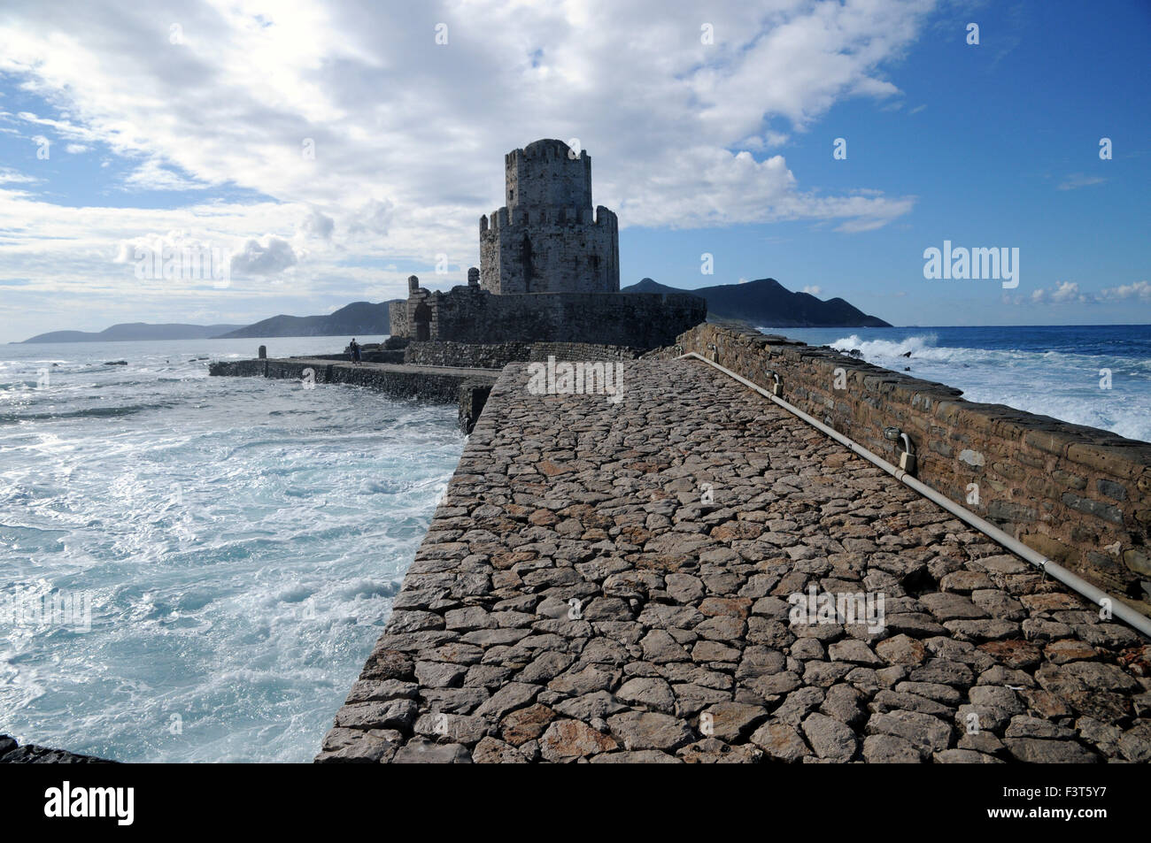 Causeway to the sea tower at Methoni castle in the Greek Peloponnese ...