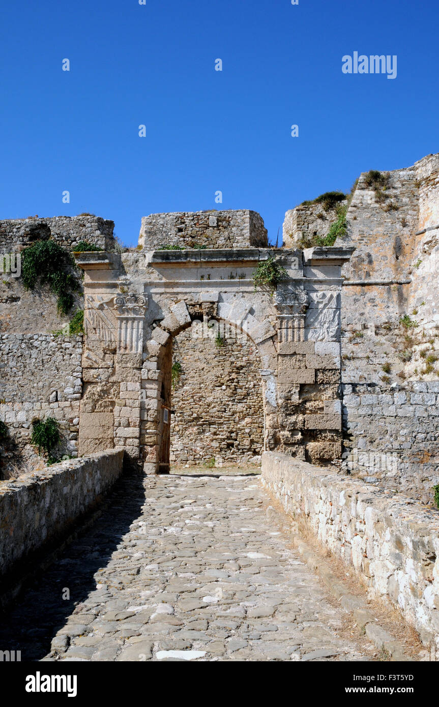 The entrance to Methoni Castle, a castle on a small peninsula, in the ...