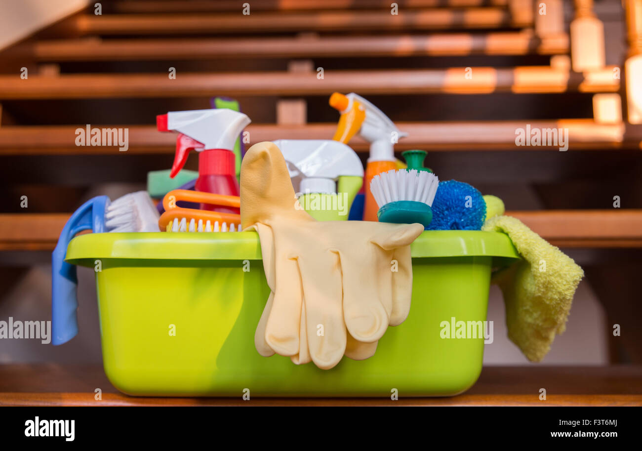 Different cleaners and things for successful housekeeping Stock Photo ...