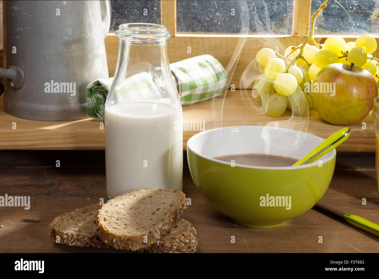 Morning breakfast with milk bread, fruit, orange juice Stock Photo - Alamy