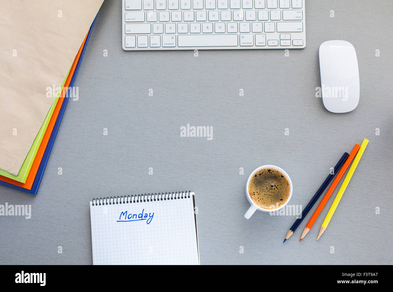 Top view on working desk with business items Stock Photo - Alamy