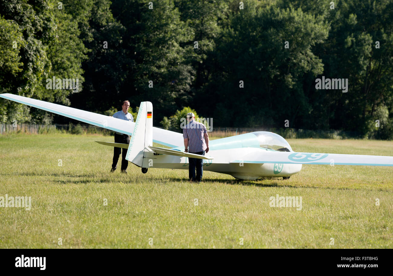 Glider at the take-off position, Langenfeld, North Rhine-Westphalia ...