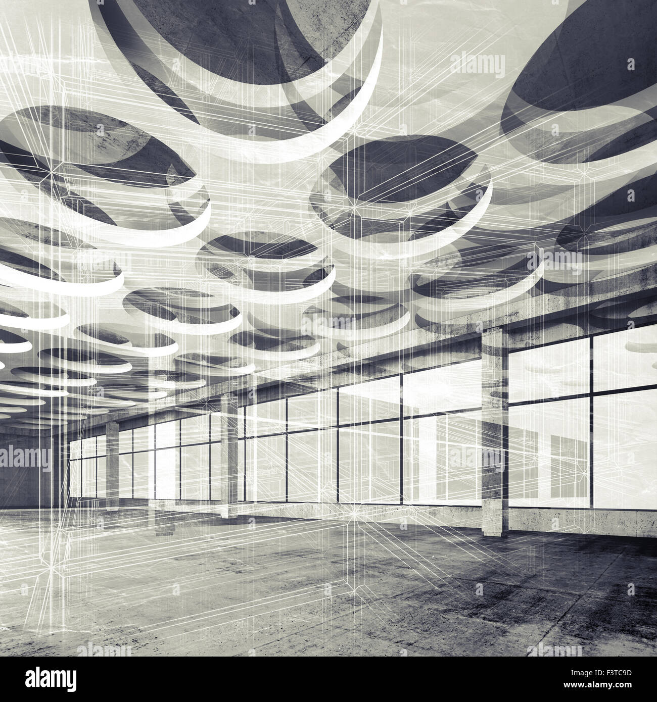 Abstract architecture background with concrete interior and wire-frame ...