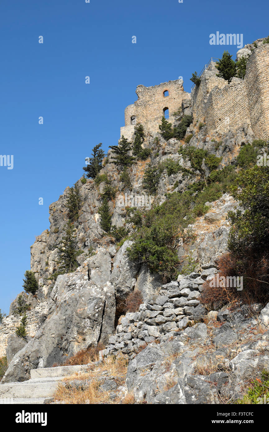 A vertical view of Buffavento Castle against a blue sky in North Cyprus ...