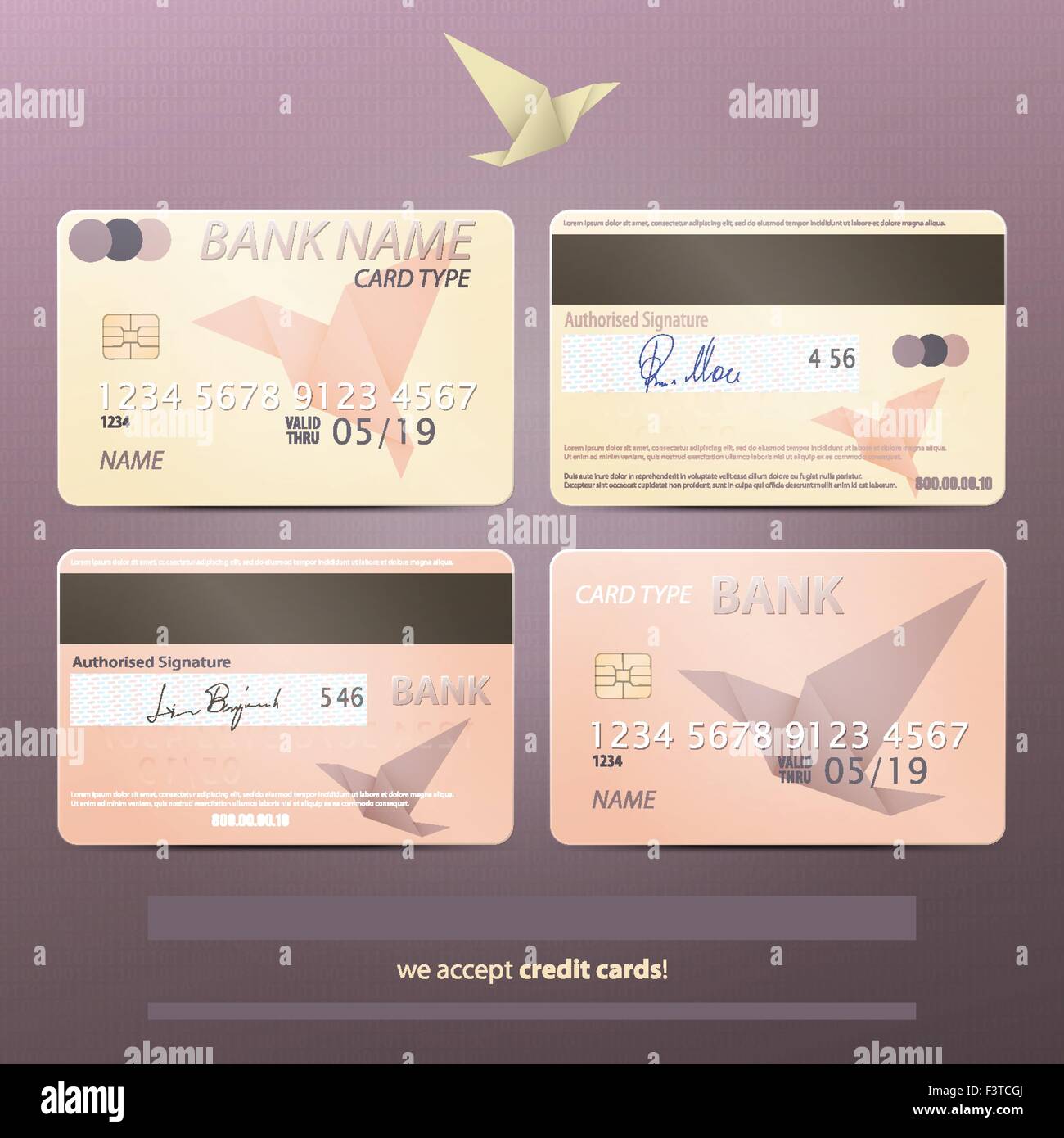 set of realistic credit card icons with origami birds. vector free ...