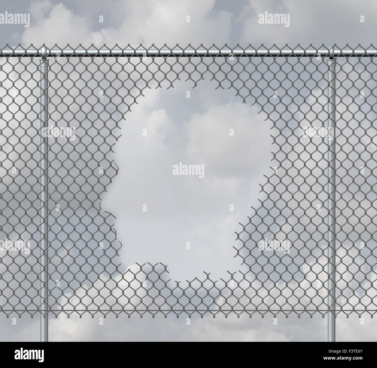 Thinking freedom and personal escape concept as a chain link fence with ...