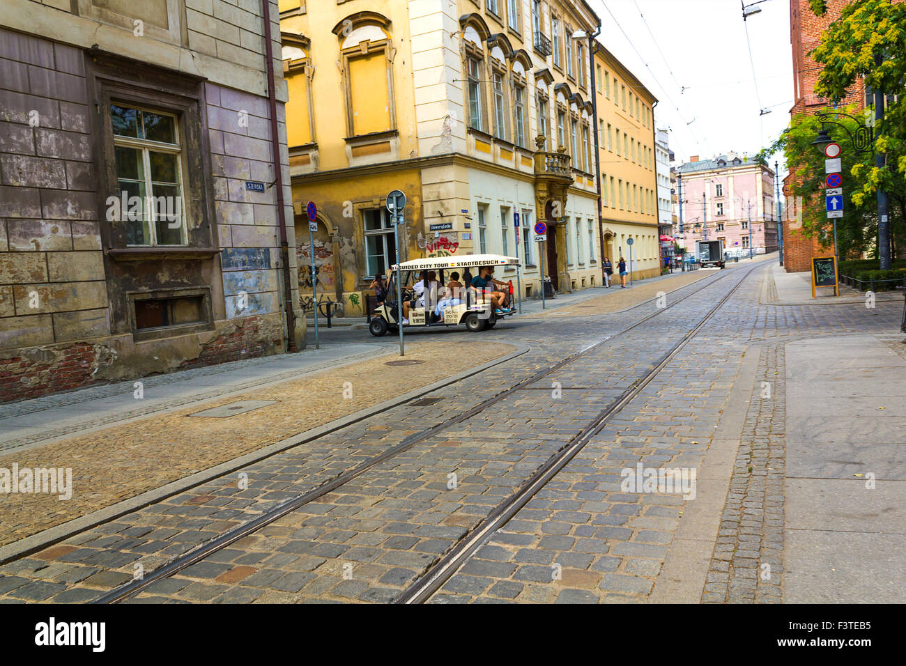 Old streets of Wroclaw with tram track and cobblestone close up, Poland ...