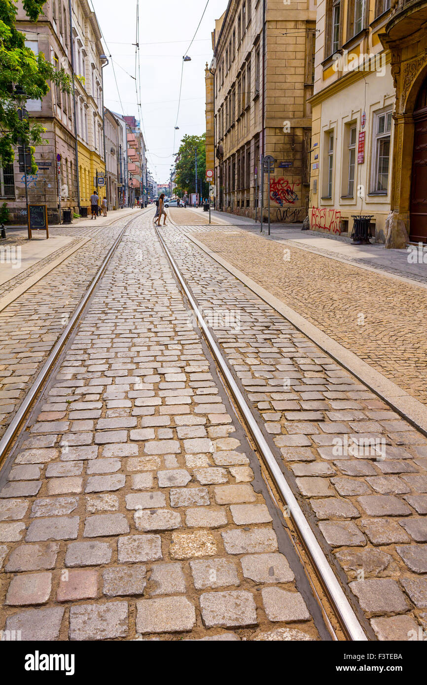 Old streets of Wroclaw with tram track and cobblestone close up, Poland ...