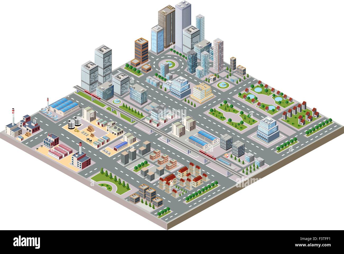 Vector isometric city center on the map with lots of buildings ...