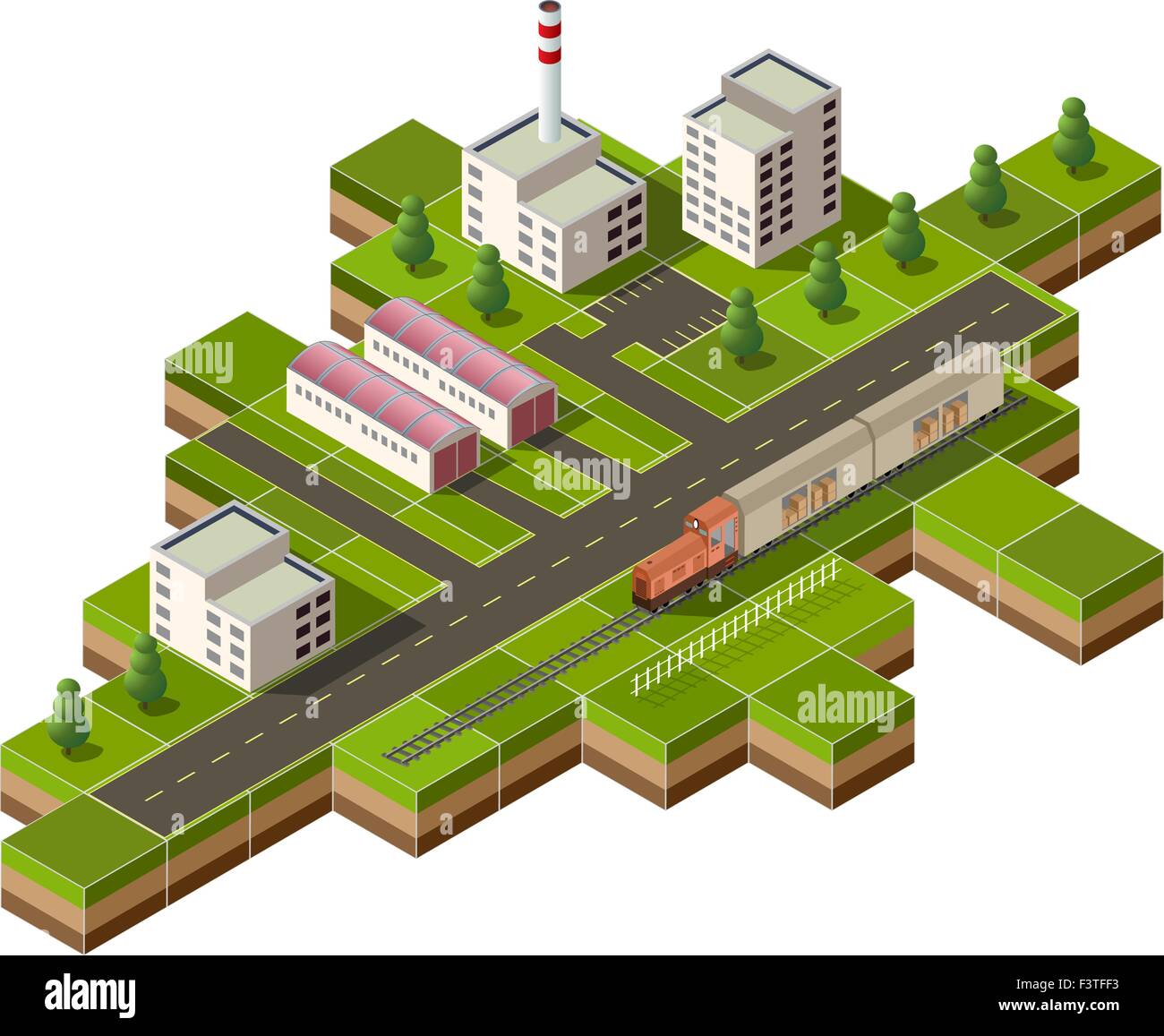 Vector isometric illustration of a factory with freight train Stock ...