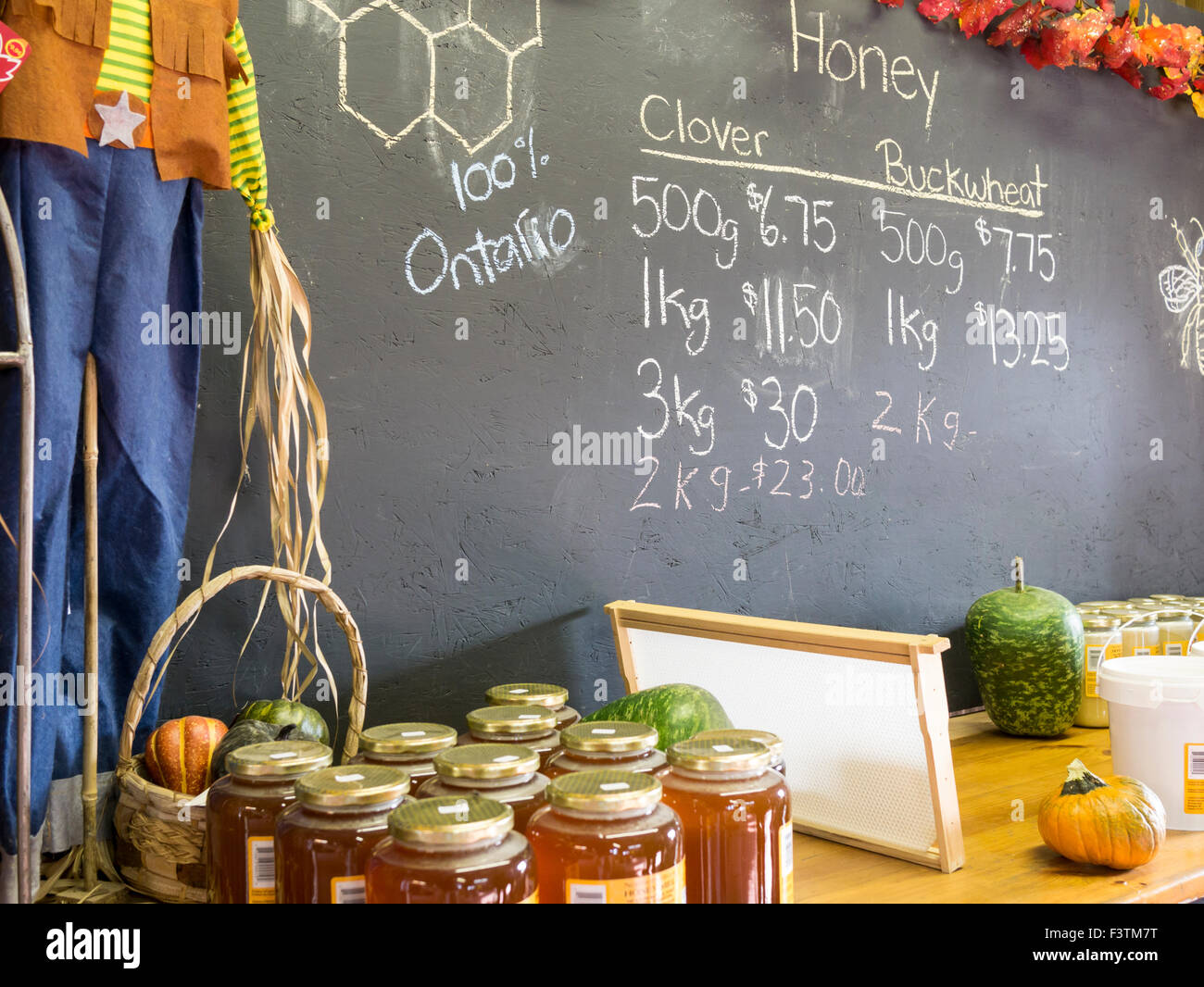 Honey on display with pricing in farmer's market Stock Photo - Alamy