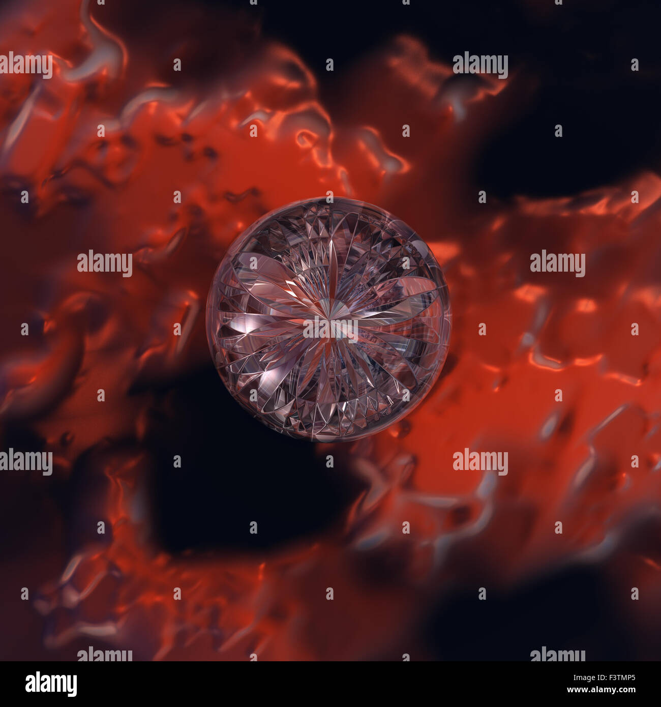 Digital illustration of a spherical diamond set over a metallic lava ...