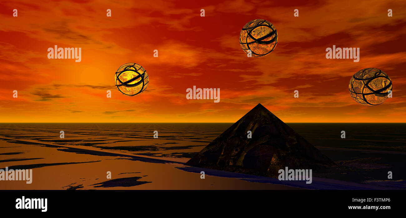 Digital illustration of a pyramid in a desert setting with 3 spheres in ...