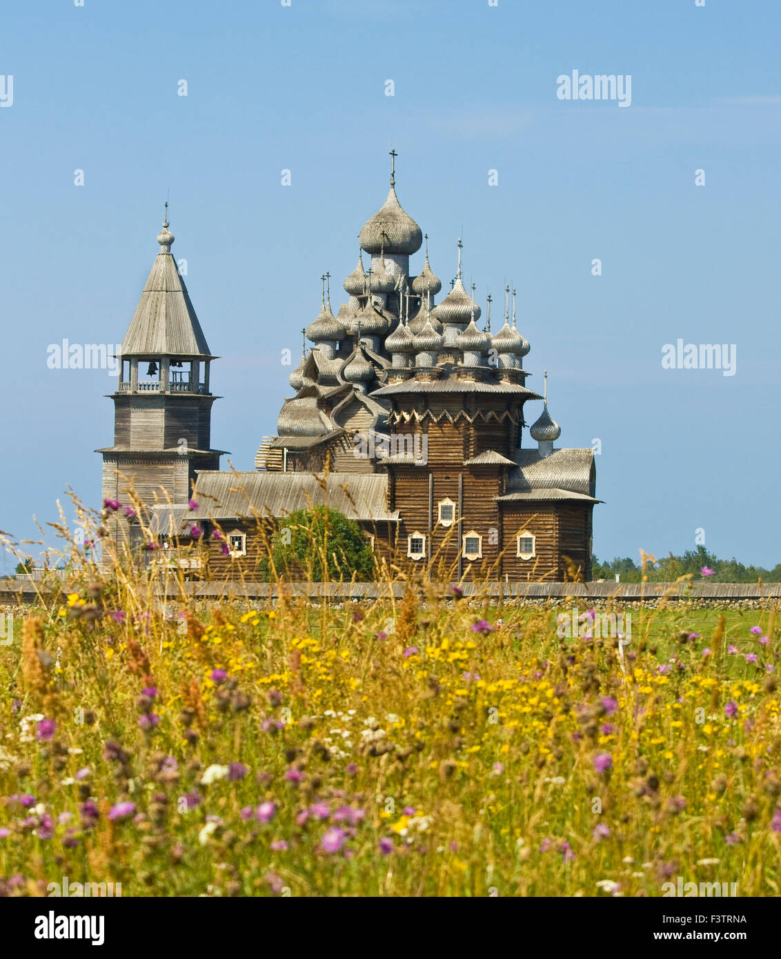Old wooden churches on island Kizhi on Onega (Onezhskoye) lake in region Karelia on North of ...