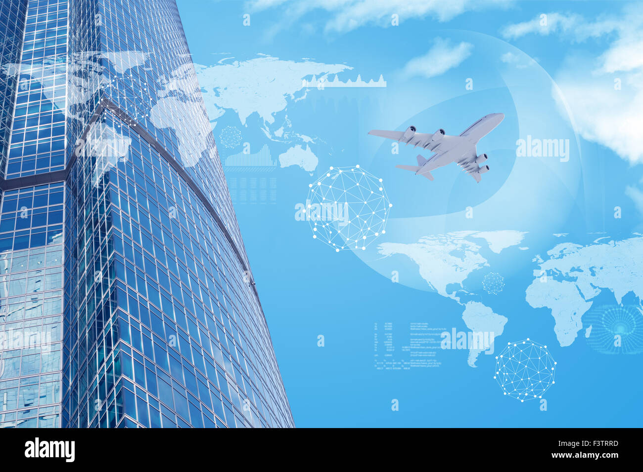 High-rise buildings with jet and world map Stock Photo - Alamy