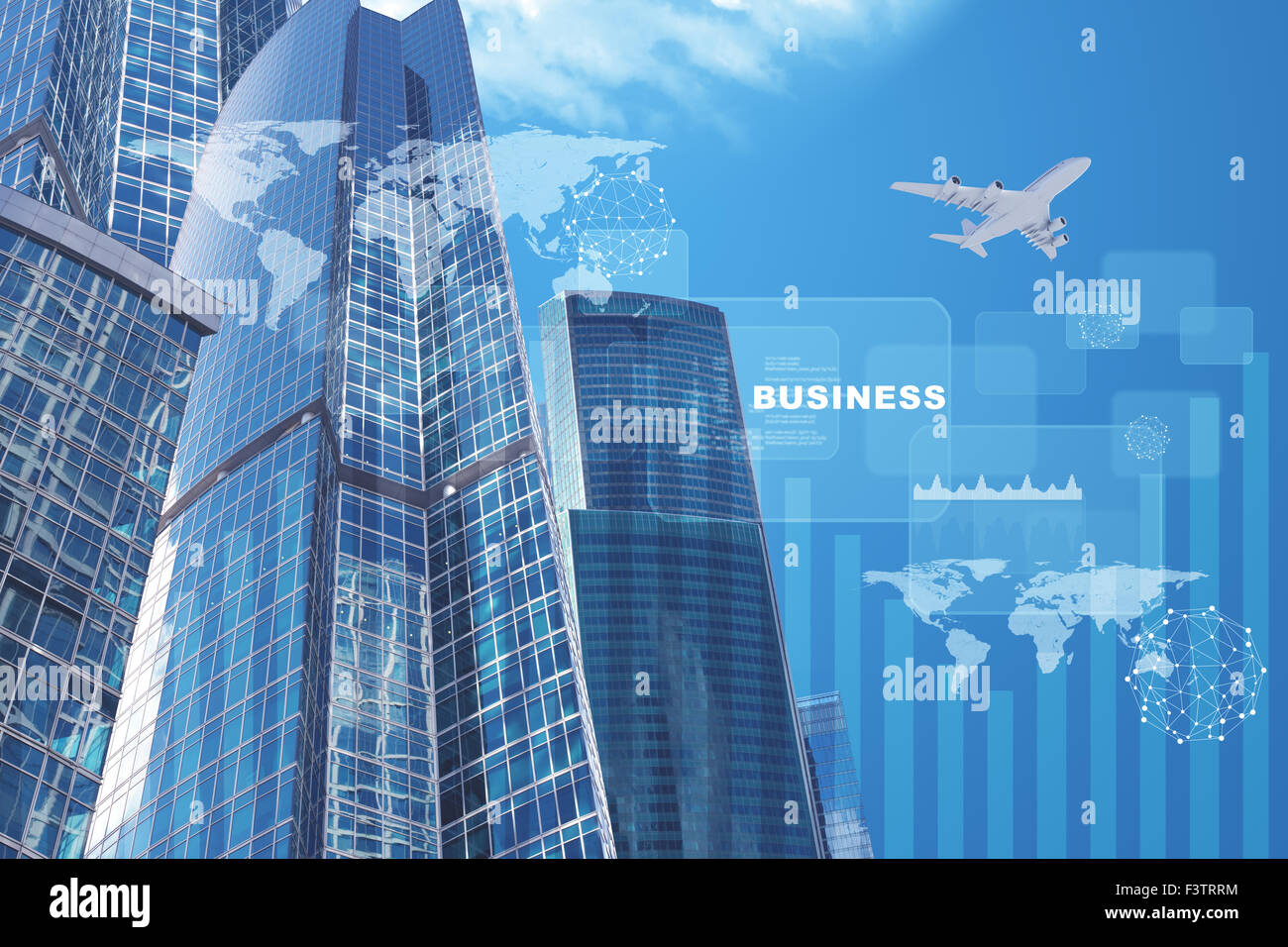 High-rise buildings with jet and business word Stock Photo - Alamy
