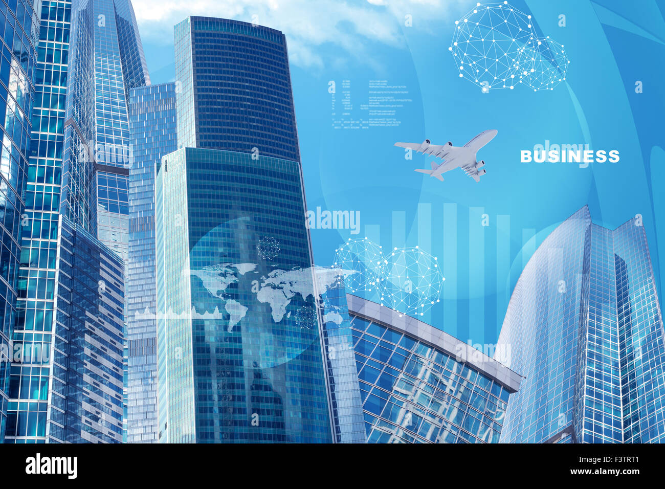 High-rise buildings with world map Stock Photo - Alamy