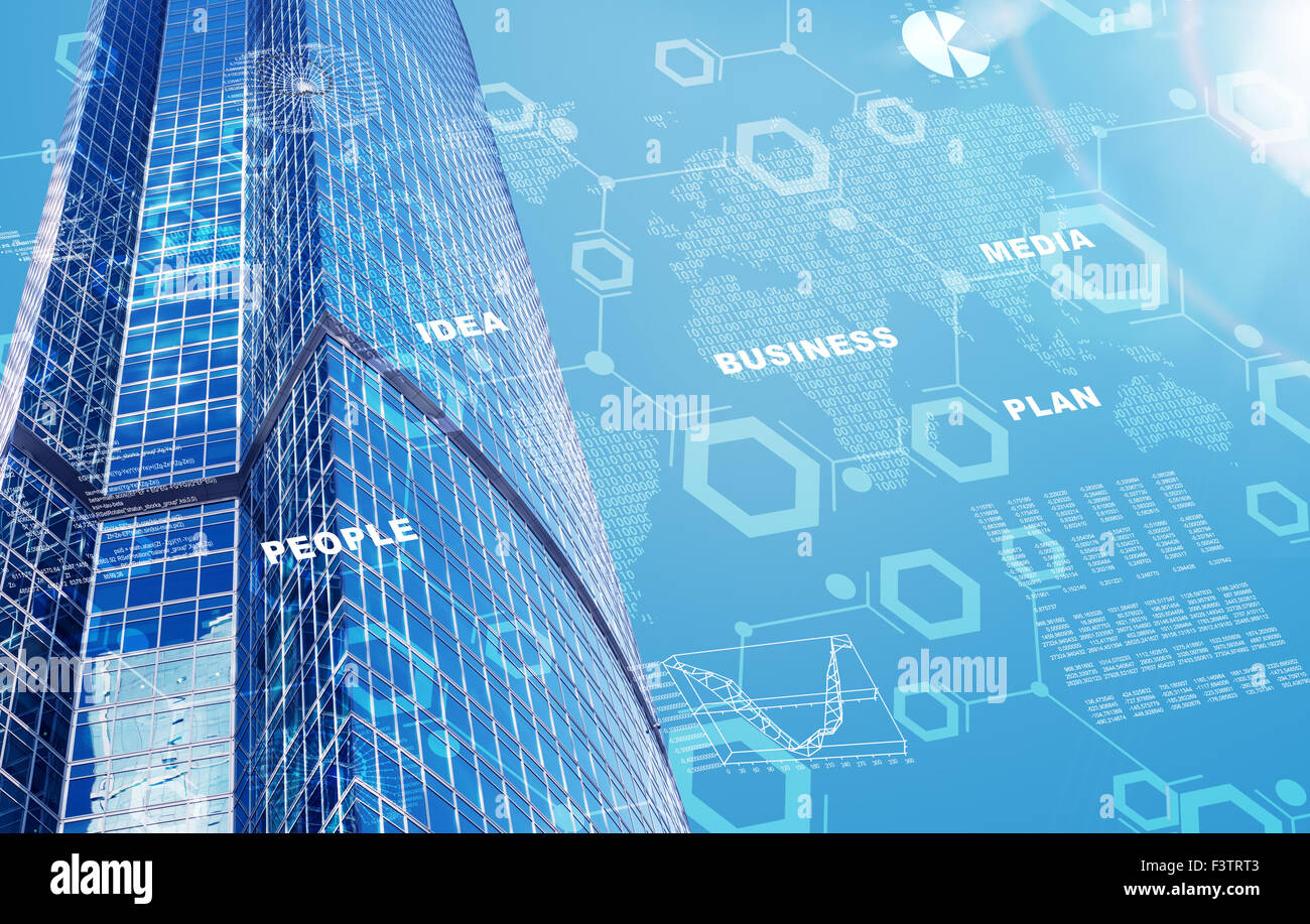 High-rise buildings with world map and numbers Stock Photo - Alamy