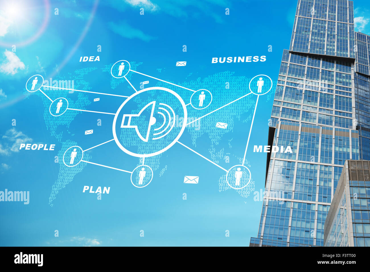 High-rise buildings with world map and sound icon Stock Photo - Alamy