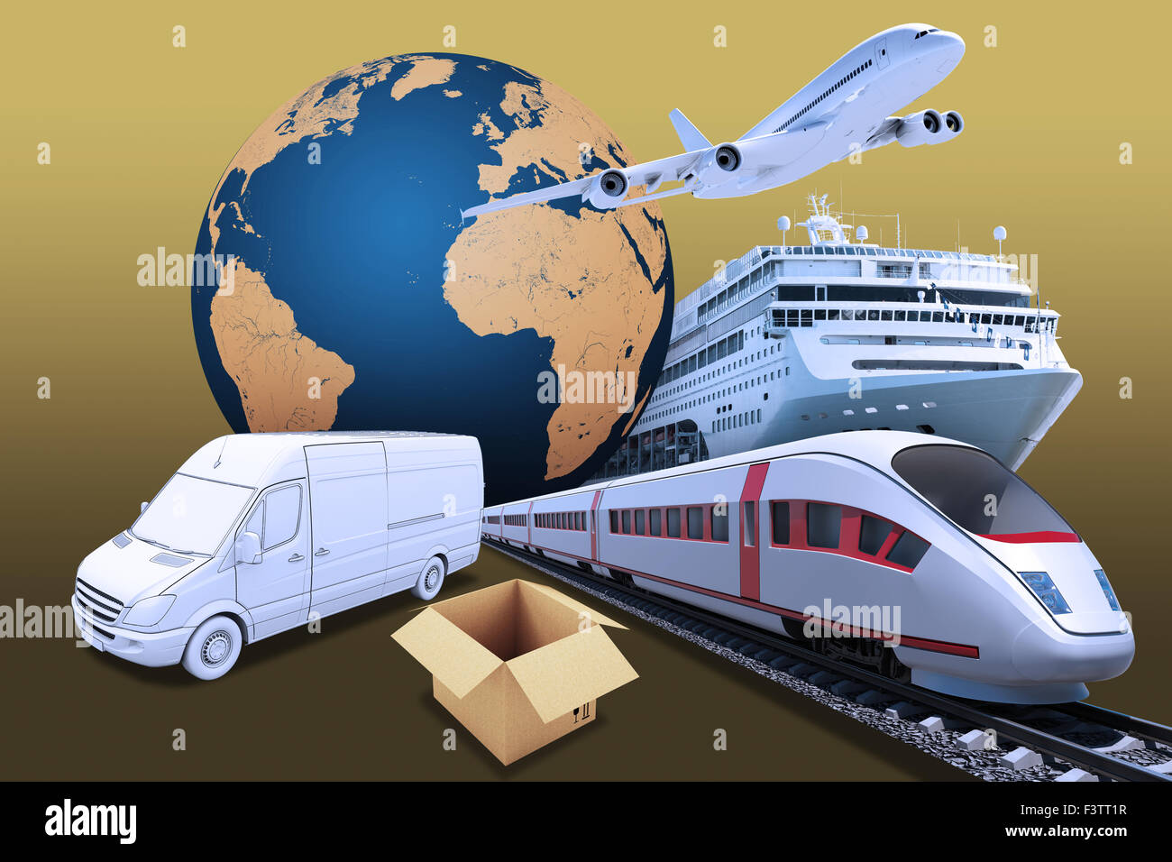 Transport with earth globe and box Stock Photo - Alamy