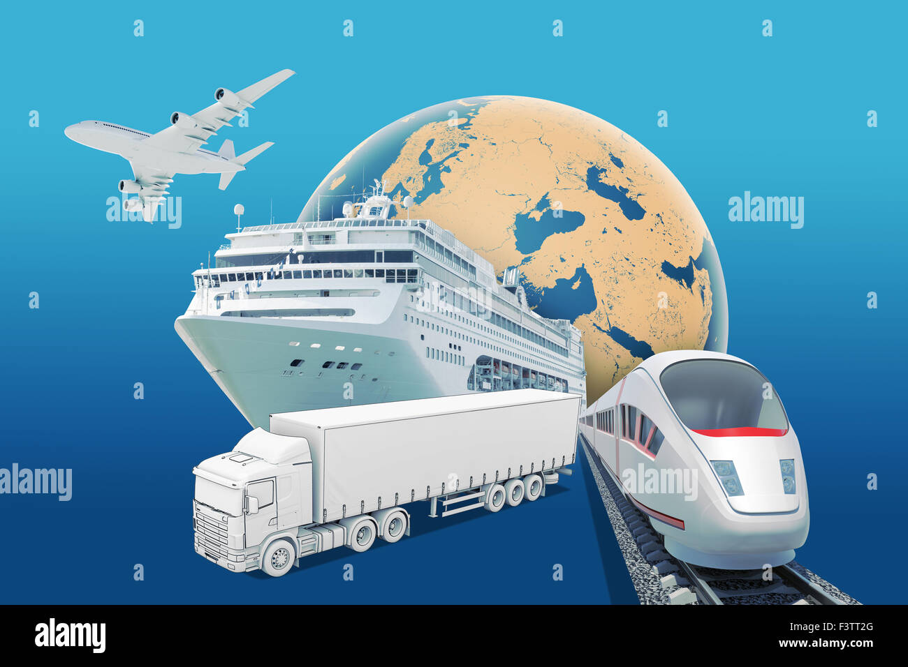 Transport with earth globe and ship on blue Stock Photo - Alamy