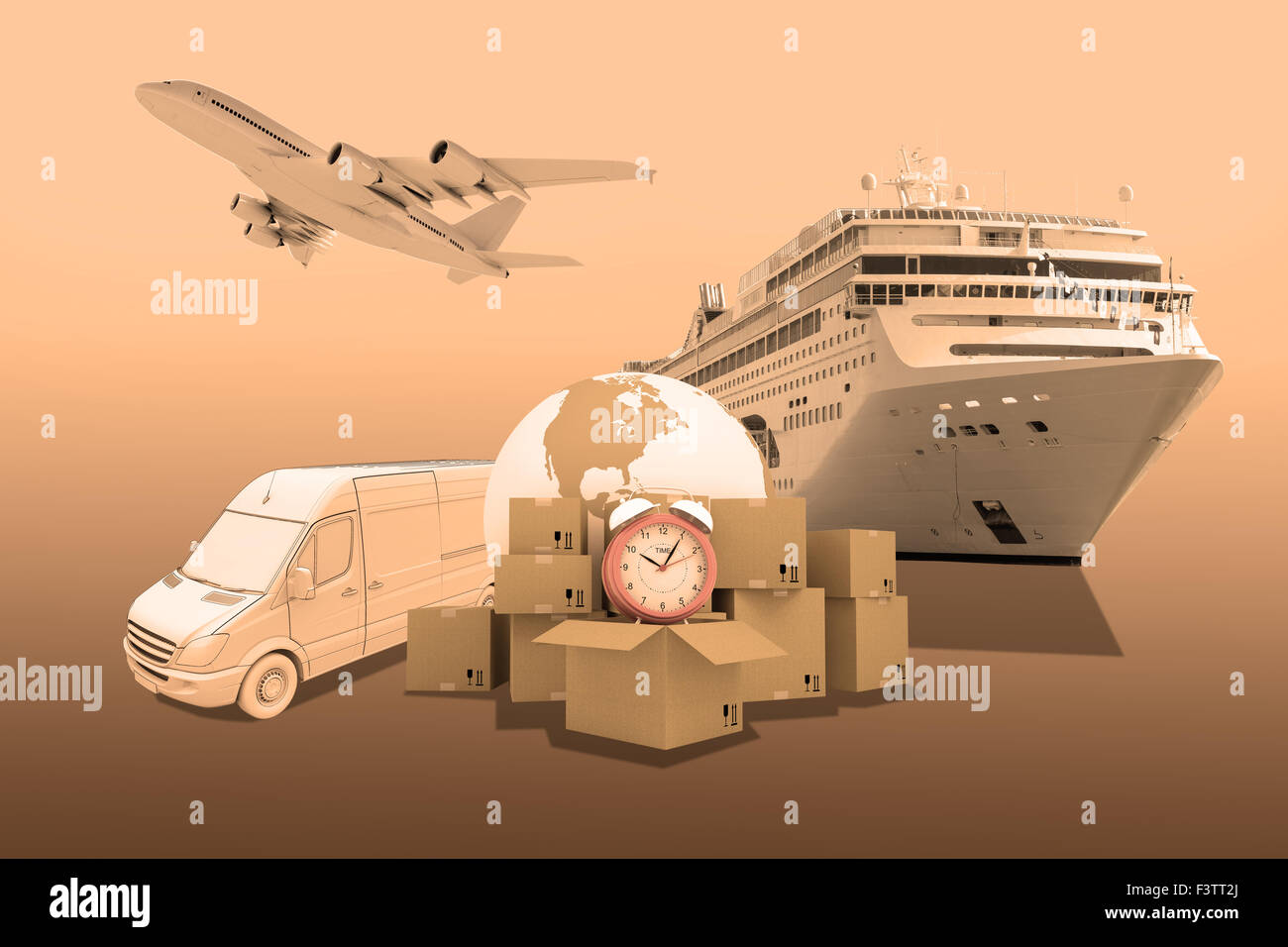 Transport with earth globe and boxes Stock Photo - Alamy