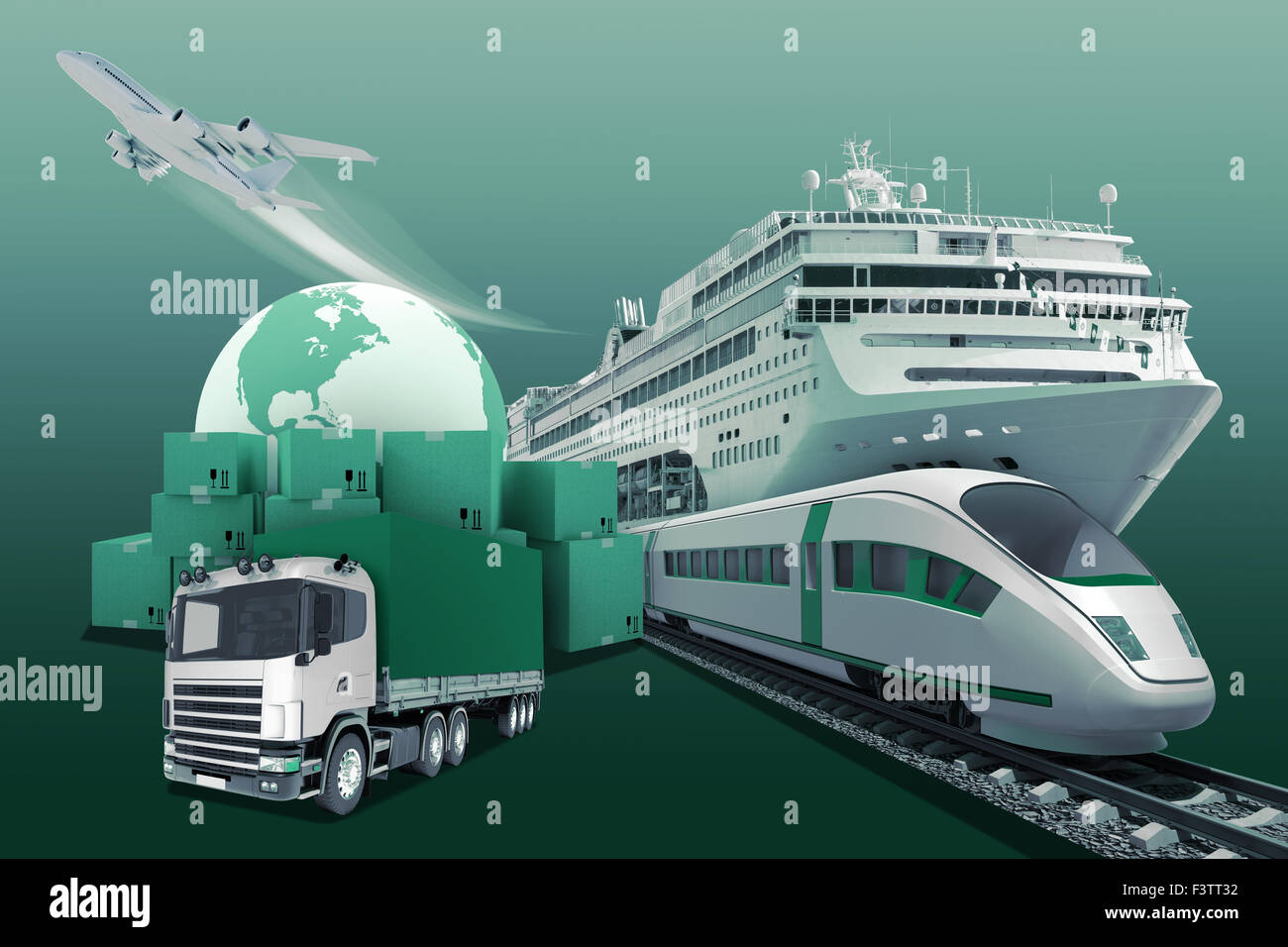 Earth globe with train on green Stock Photo - Alamy