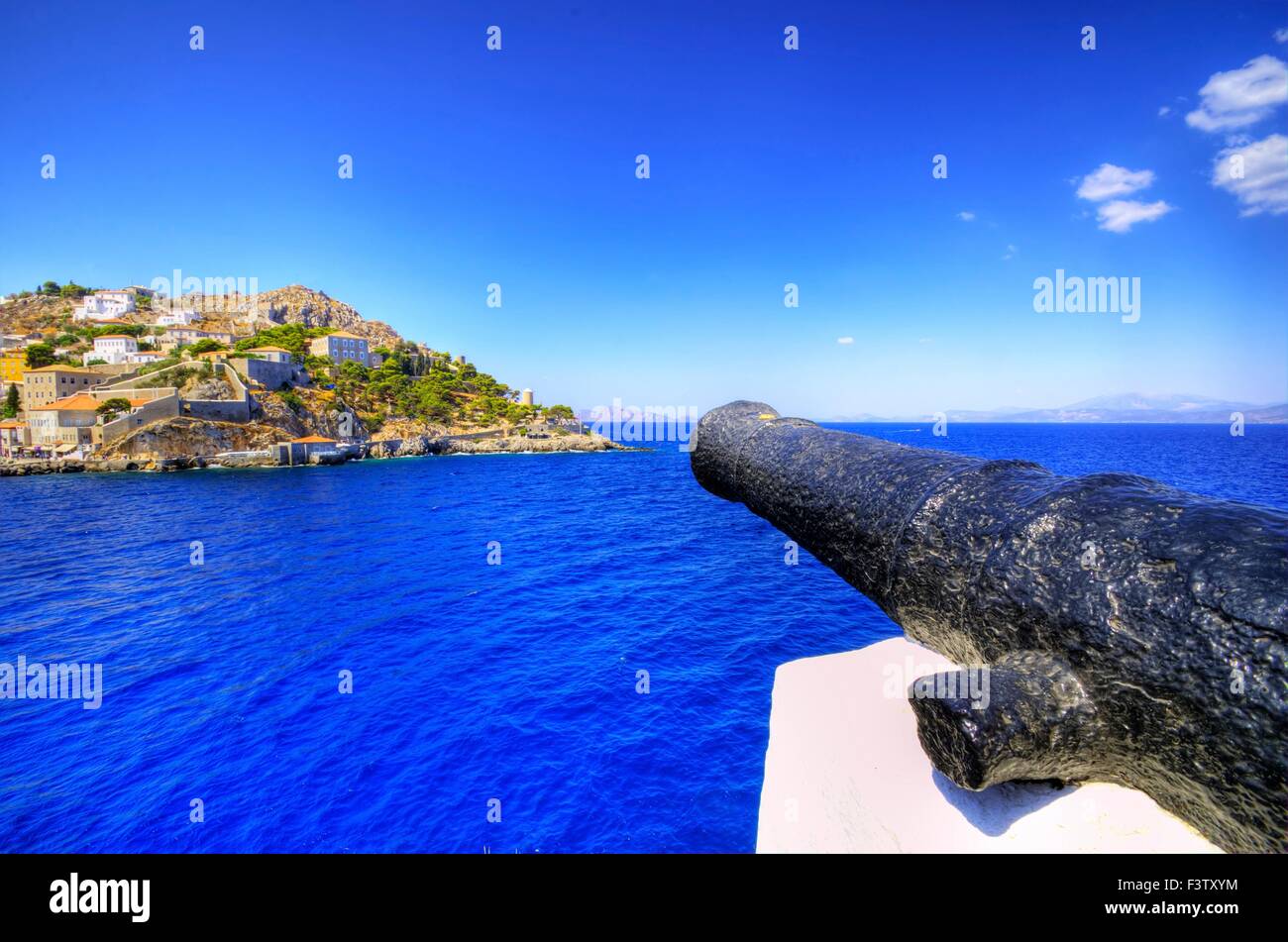 A view of the beautiful Greek island Hydra from the opposite coast ...