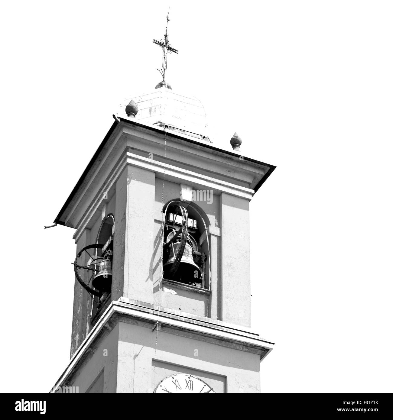 ancien clock tower in italy europe old stone and bell Stock Photo - Alamy