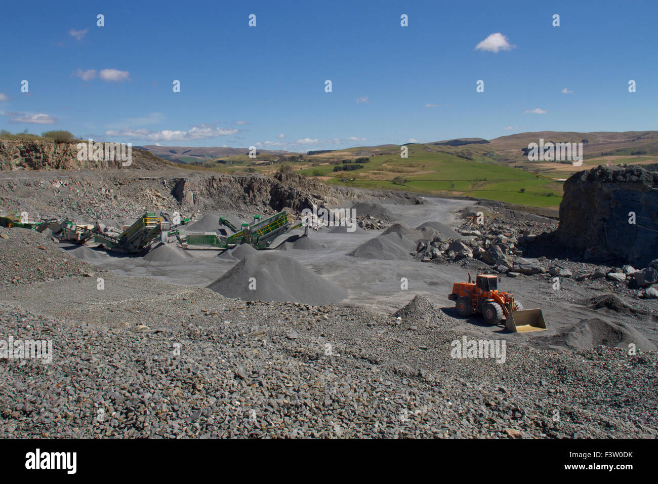 Rock crushing machinery in a working roadstone quarry. Ystrad Meurig ...