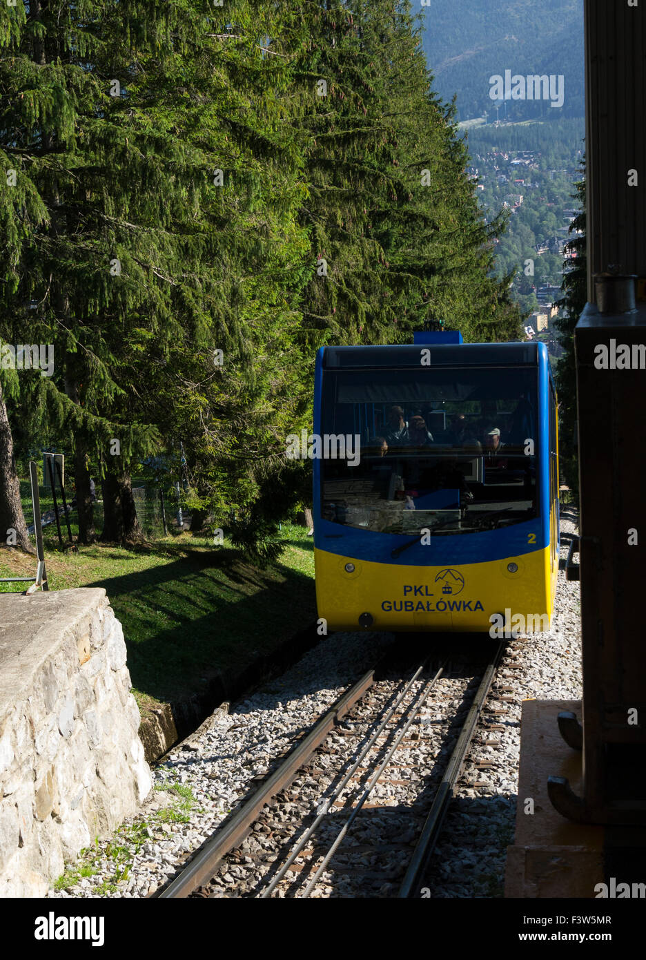 Funicular railway carriage arriving top station Gubalowka Hill Zakopane ...