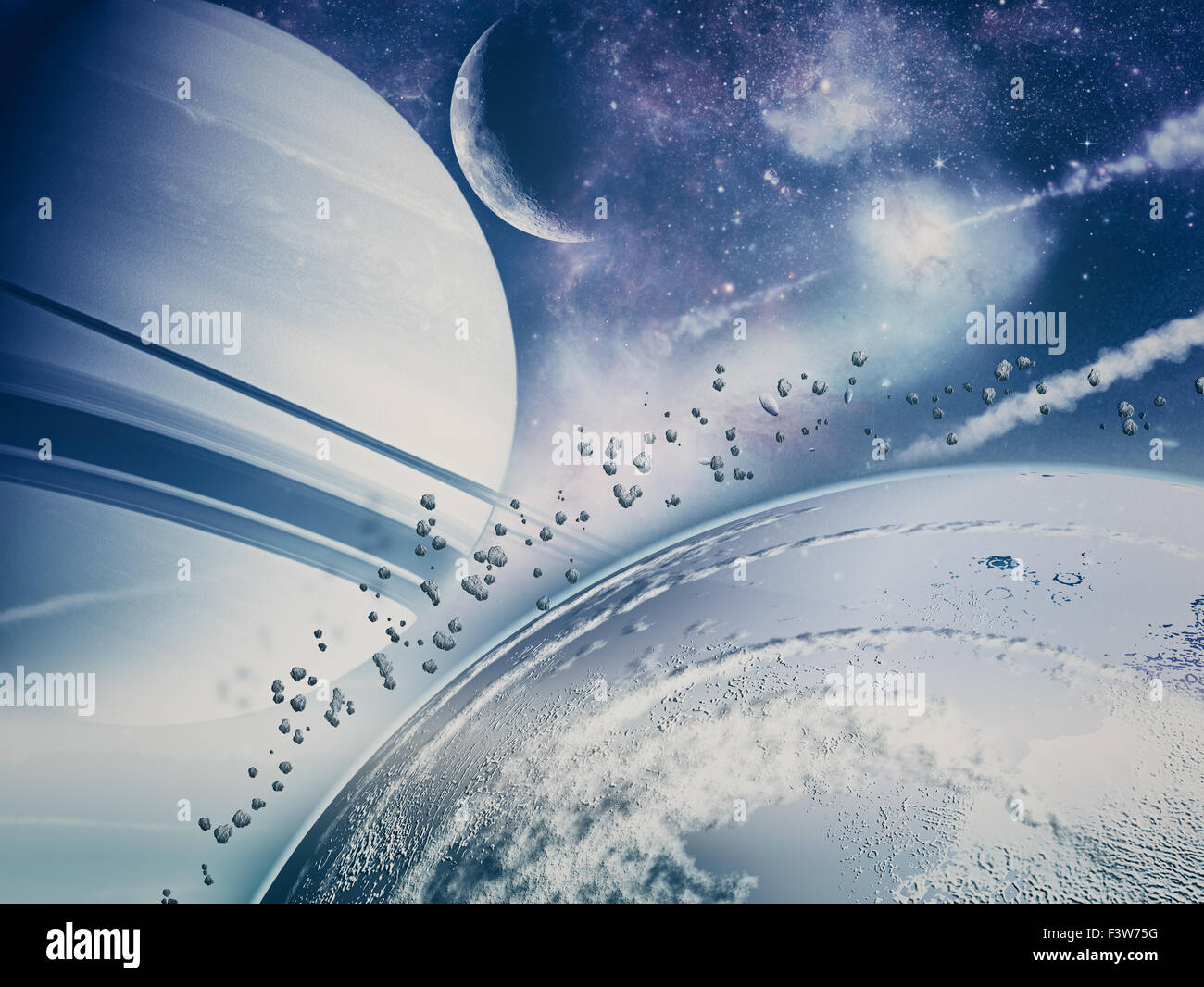 Another world view. Outer space with alien worlds and meteor shower ...