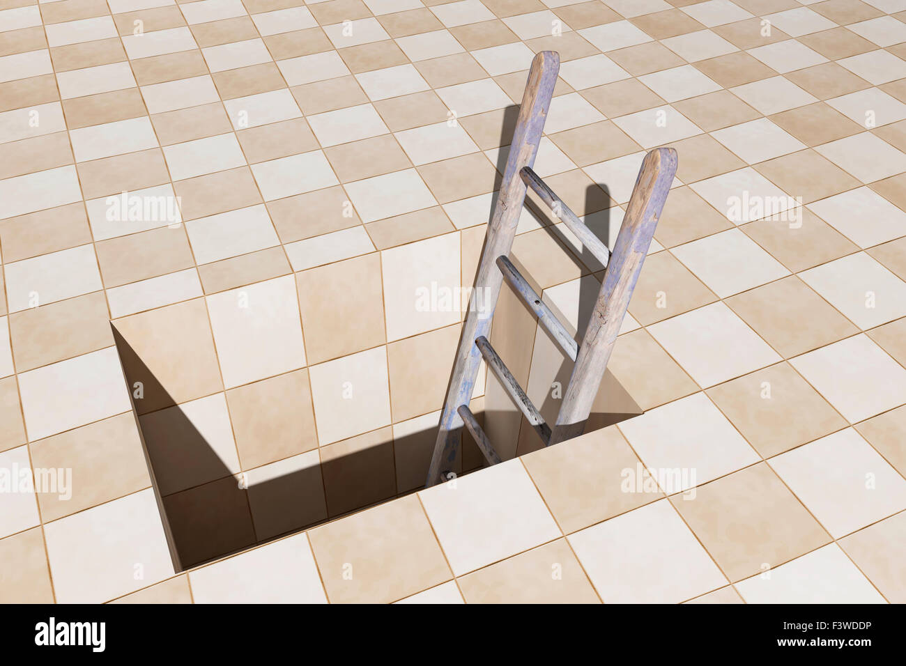 3d rendering of a ladder into a hole, concept of growth and progress ...