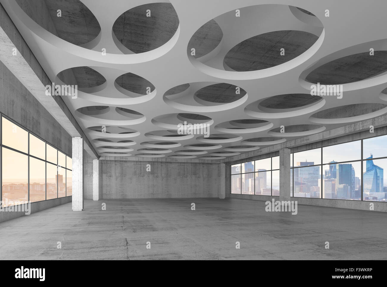 Empty modern interior background with round holes pattern in ceiling ...