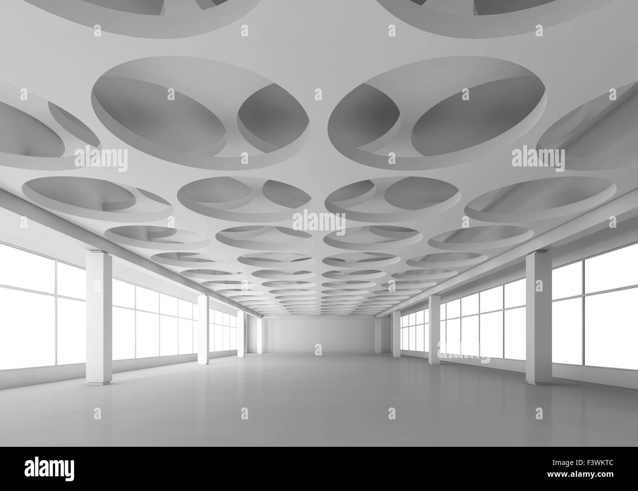 Empty white interior background with round holes pattern on ceiling, 3d ...