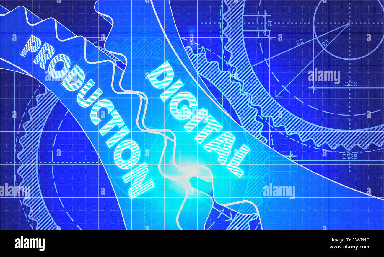 Digital Production Concept. Blueprint Background with Gears. Industrial ...