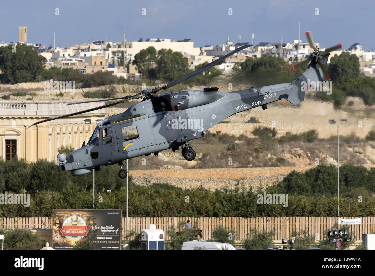 Royal Navy Agusta Westland AW-159 Wildcat HMA2 lifting off from apron 4 ...