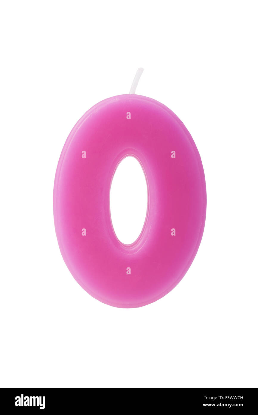 Pink birthday candle in the form of the number zero on white background ...