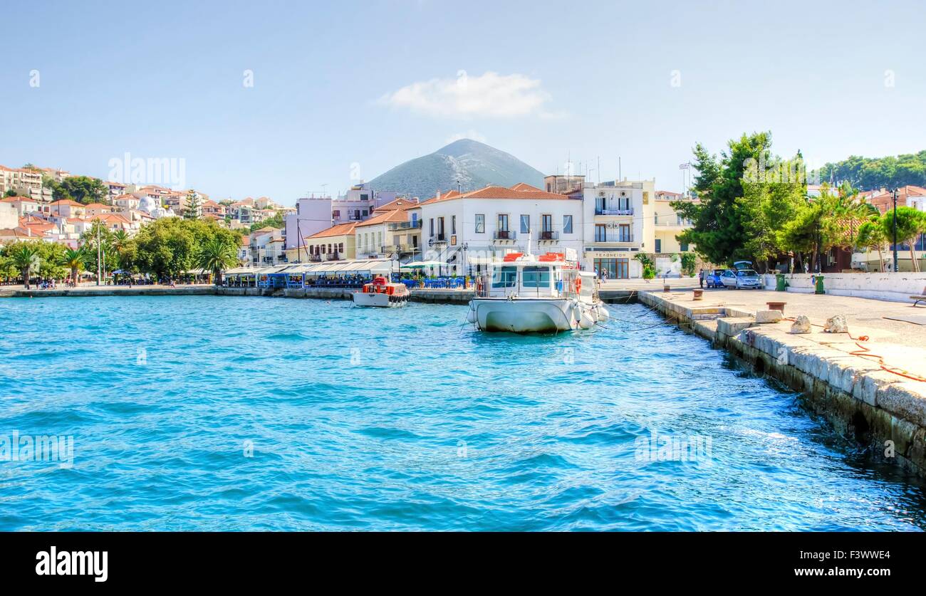 A view of the port of Pylos, a Greek city in Peloponnese (south Greece ...